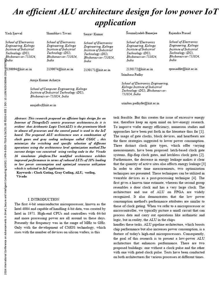 An Efficient ALU Architecture Design For Low Power IoT Application ...
