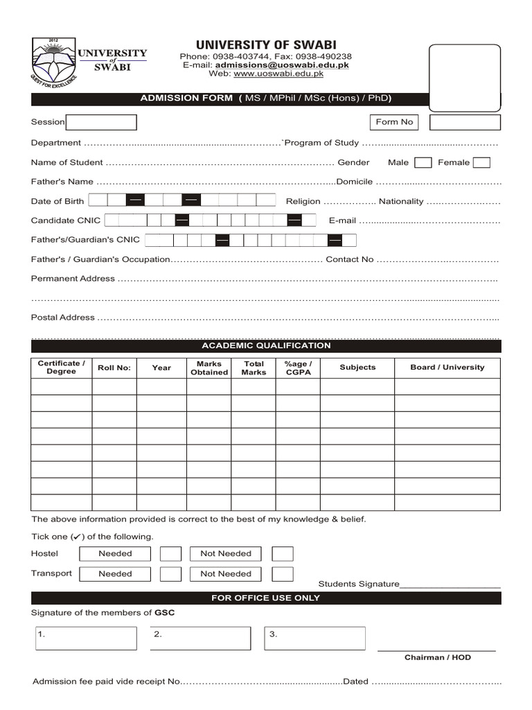 University of Swabi Admission Form | PDF