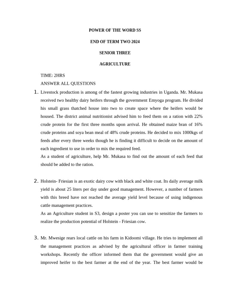 POW S3 Agric End of Term Two 2024 | PDF | Cattle | Farms