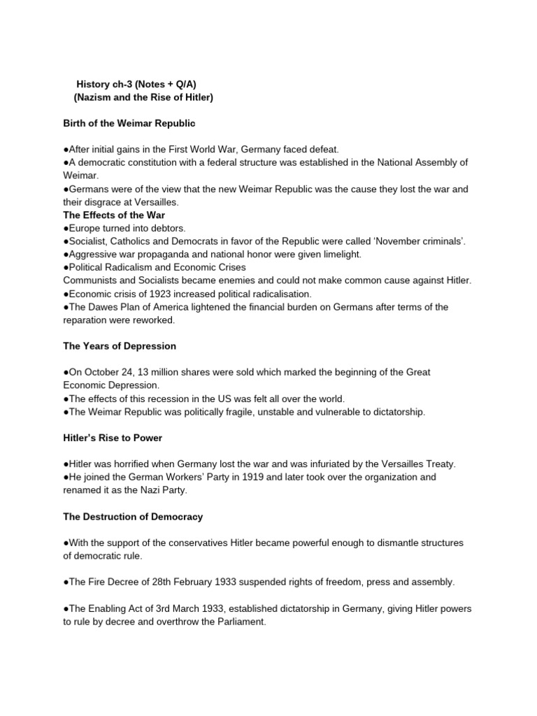 IX History Ch-3 (Notes - Q-A) | PDF | Weimar Republic | Nazi Germany