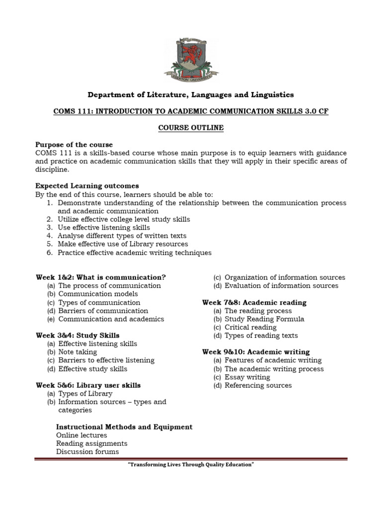 Academic Communication Skills Course | PDF | Communication | Study Skills
