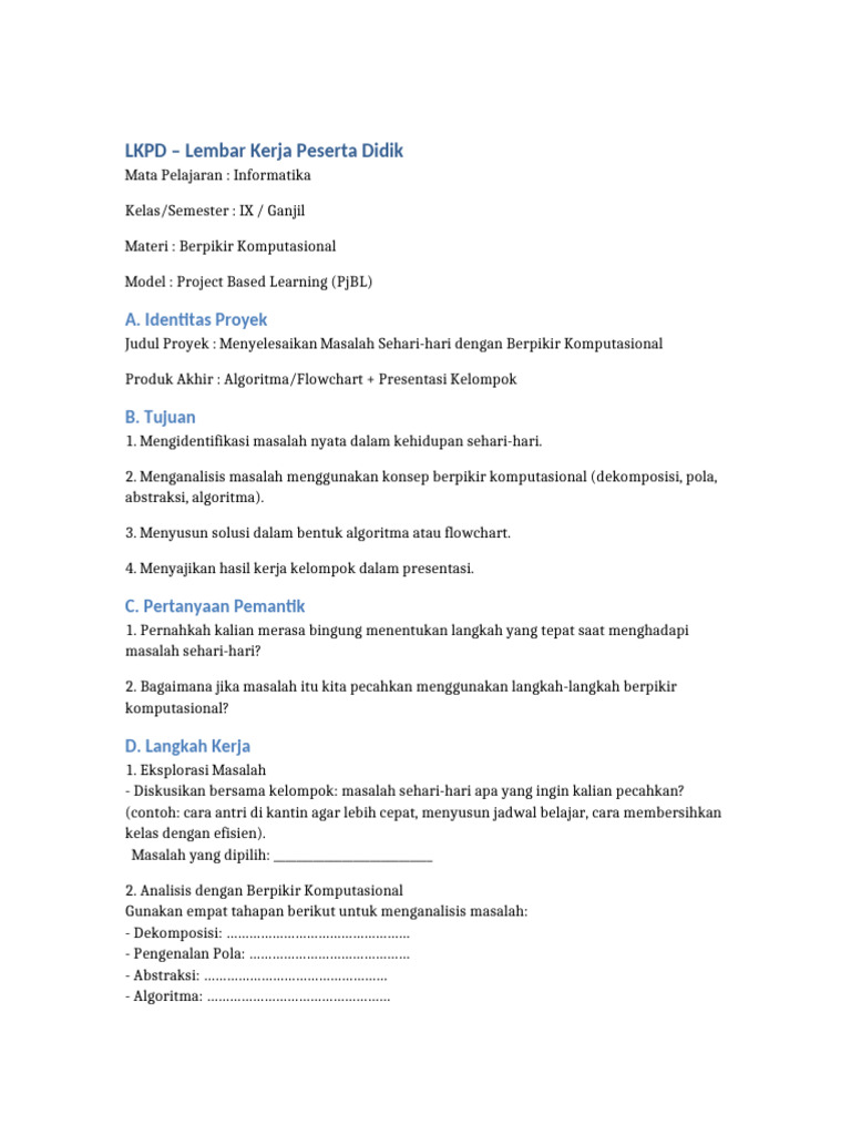 LKPD Berpikir Komputasional Kelas9 | PDF