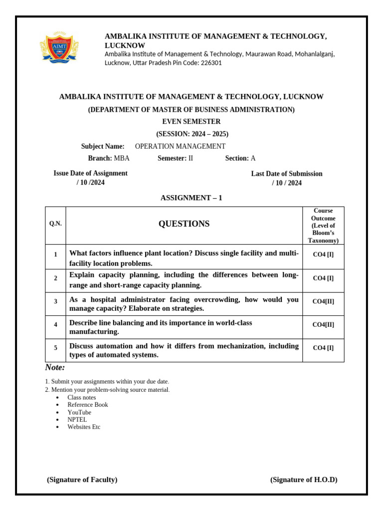 MBA Operations Management Assignment 2024 | PDF