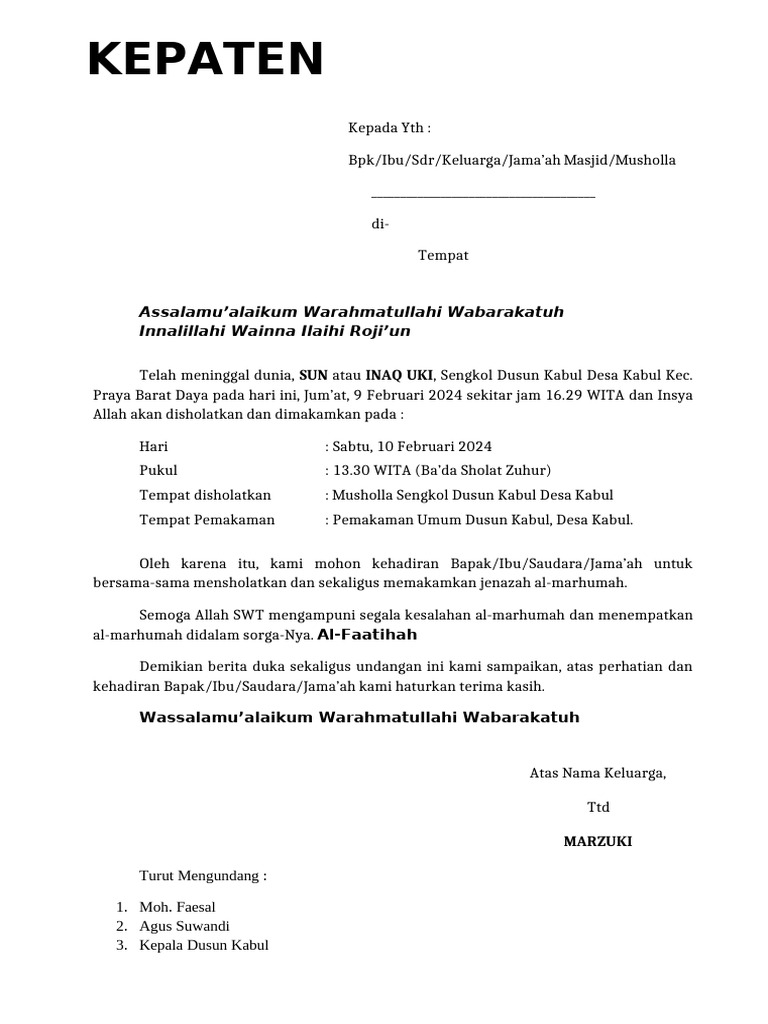 Undangan Sholat dan Pemakaman Al-Marhumah | PDF