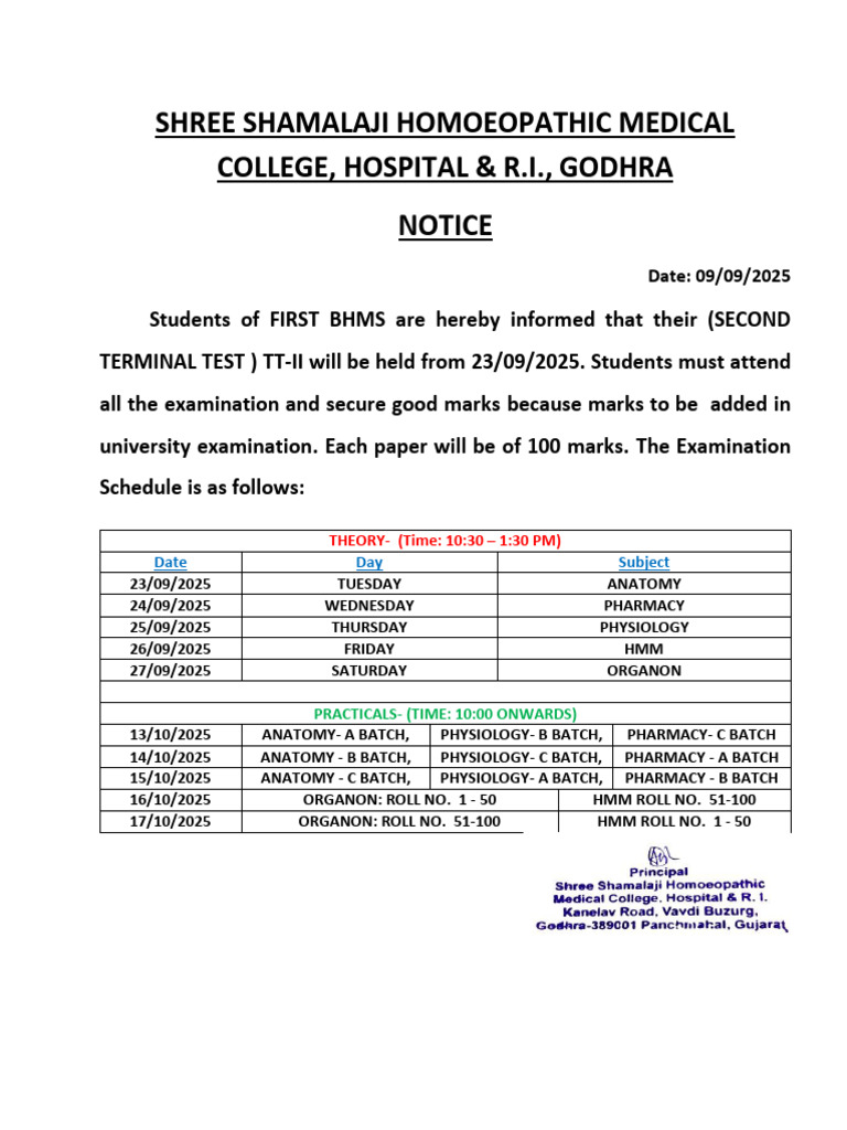 Notice - Fybhms (Tt-I) Time Table 2025-1 | PDF