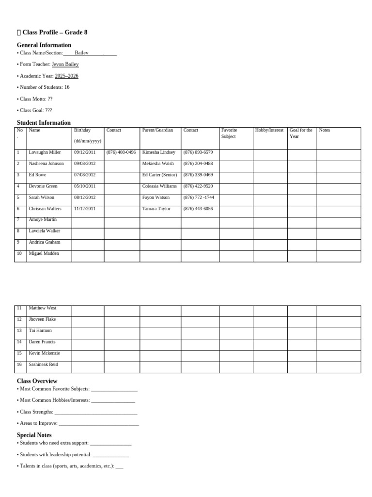 Grade 8 Class Profile Overview 2025-2026 | PDF