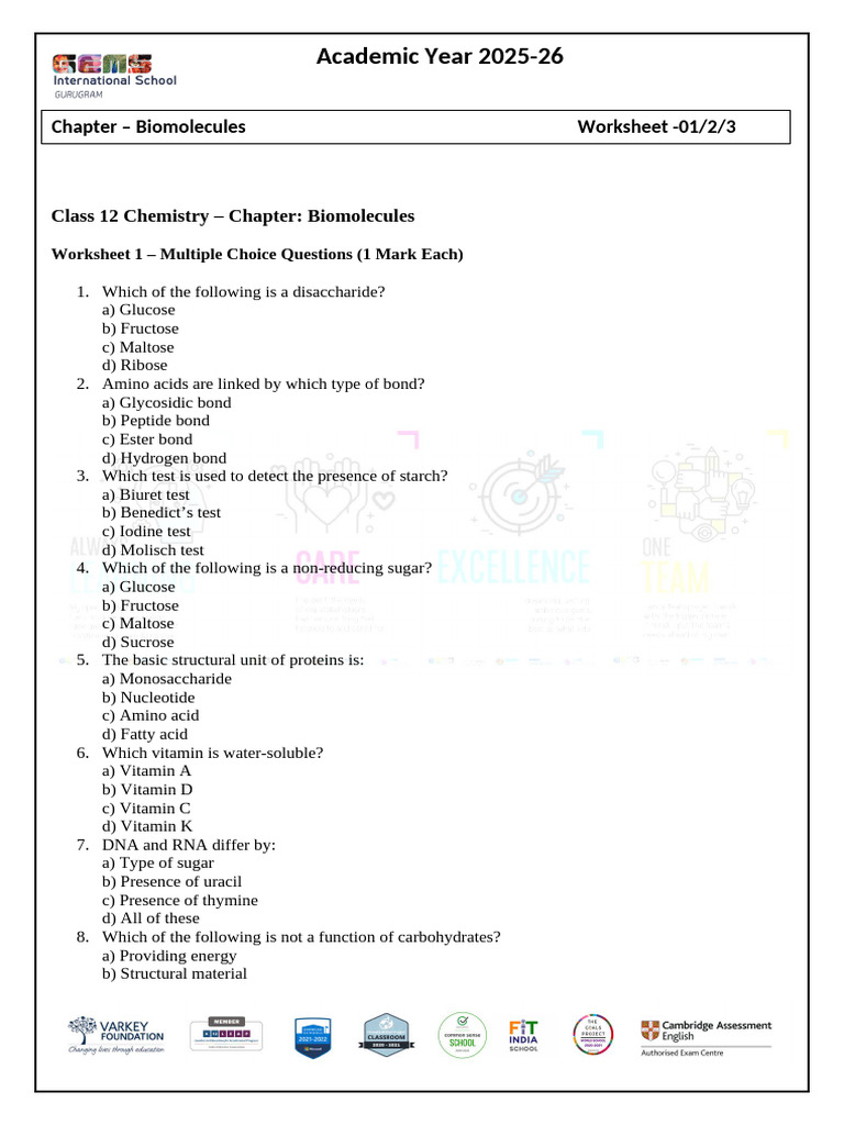 Biomolecules Worksheet for Class 12 | PDF | Biomolecules | Carbohydrates