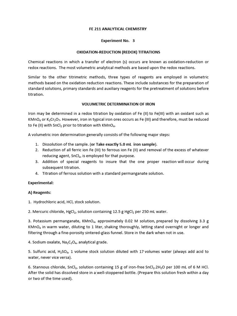 Fe 211 Analytical Chemistry Experiment No. 3 Oxidation-Reduction (Redox ...