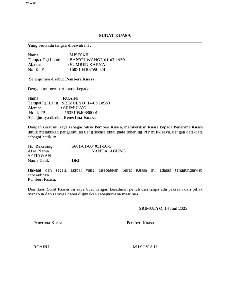 Surat Kuasa Perorangan PIP | PDF