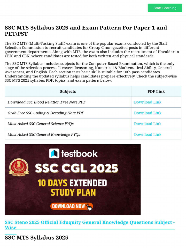 SSC MTS Syllabus 2025 and Exam Pattern For Paper 1 and PET - PST | PDF