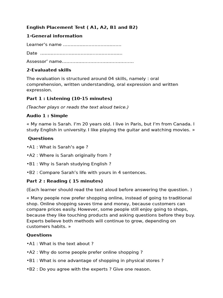 English Placement Test (A1, A2, B1 and B2) 1-General Information | PDF