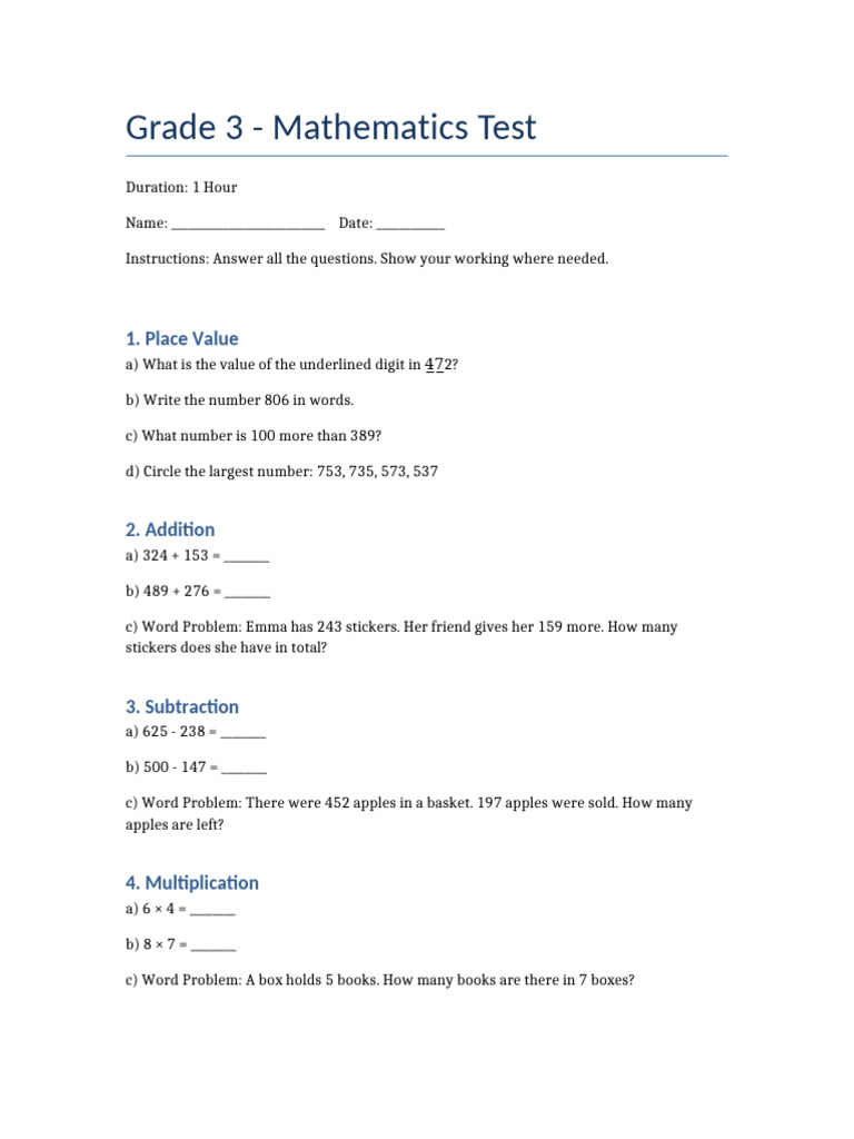 Grade 3 Maths Test | PDF