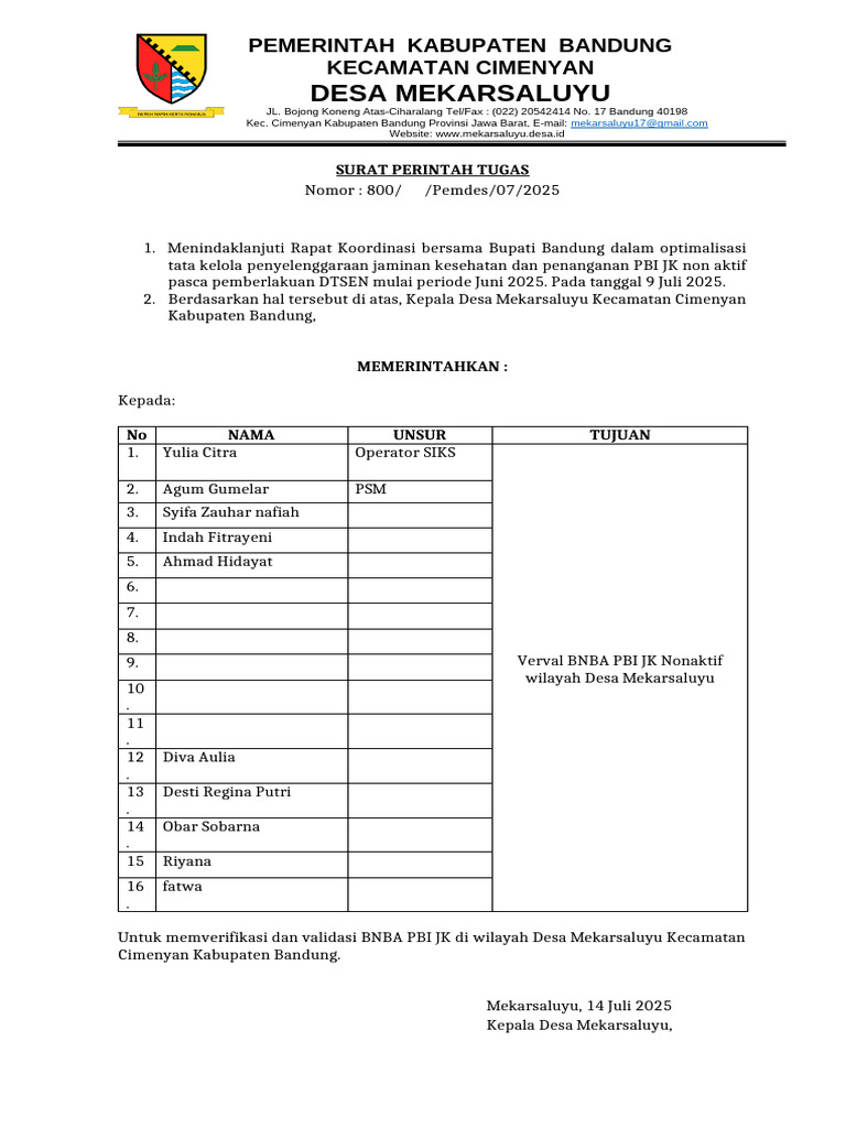 Surat Tugas VERVAL Bpjs Pbi | PDF