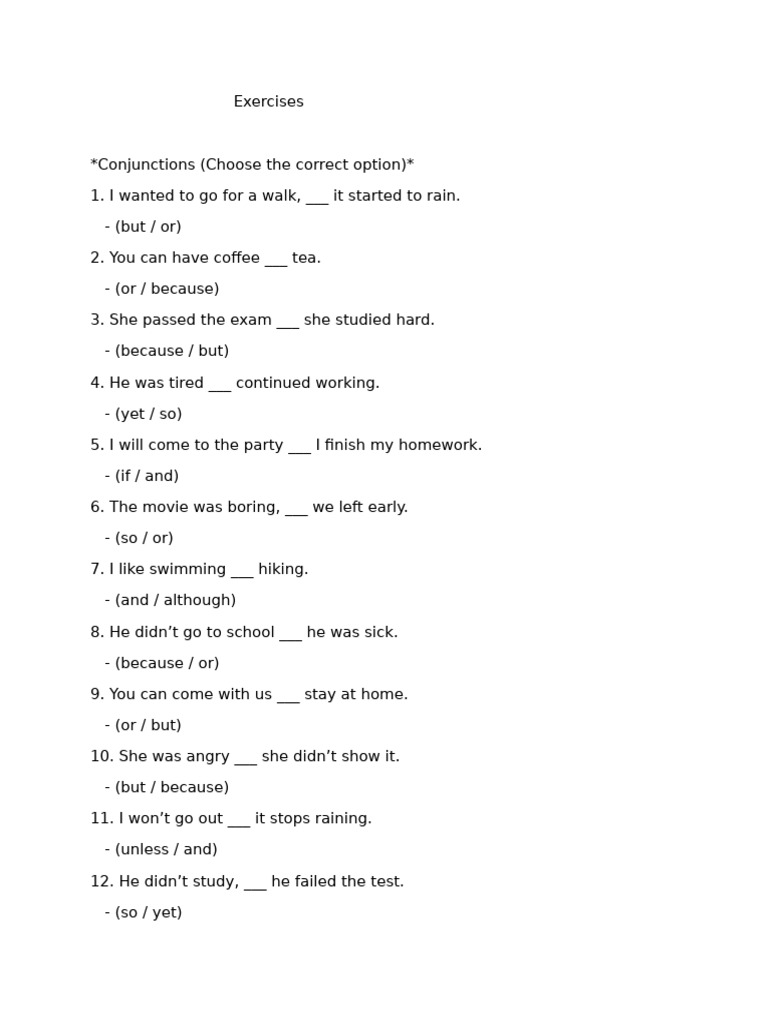 Conjunctions and Interjections Exercises | PDF