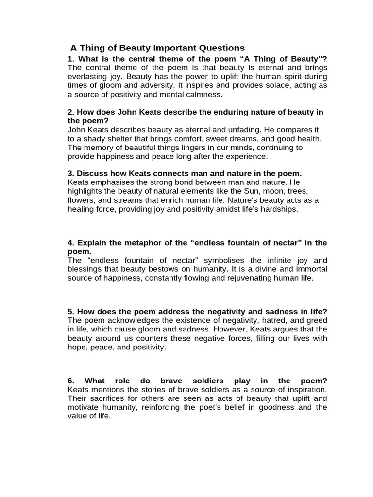 Key Questions on "A Thing of Beauty" | PDF | Beauty | John Keats