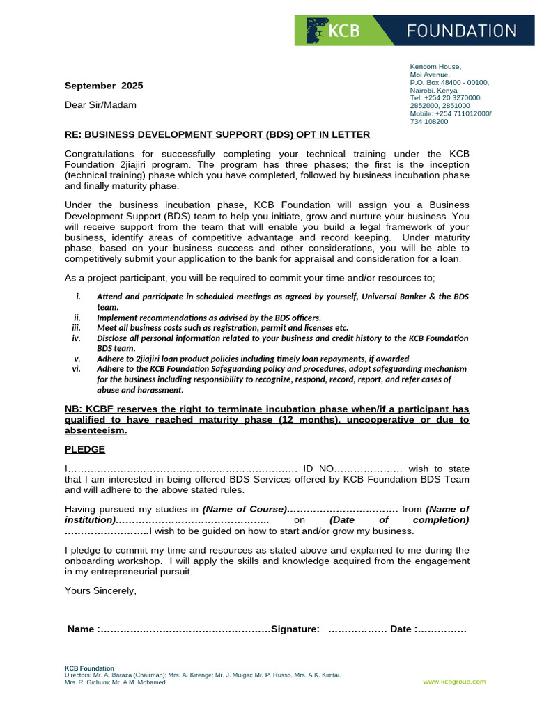 KCB Foundation 2jiajiri BDS Opt in Letter | PDF