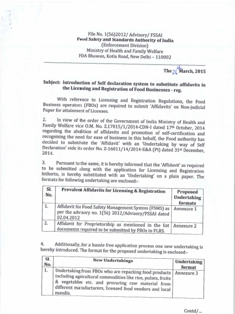 Affidavit Self Declaration Food Business | PDF