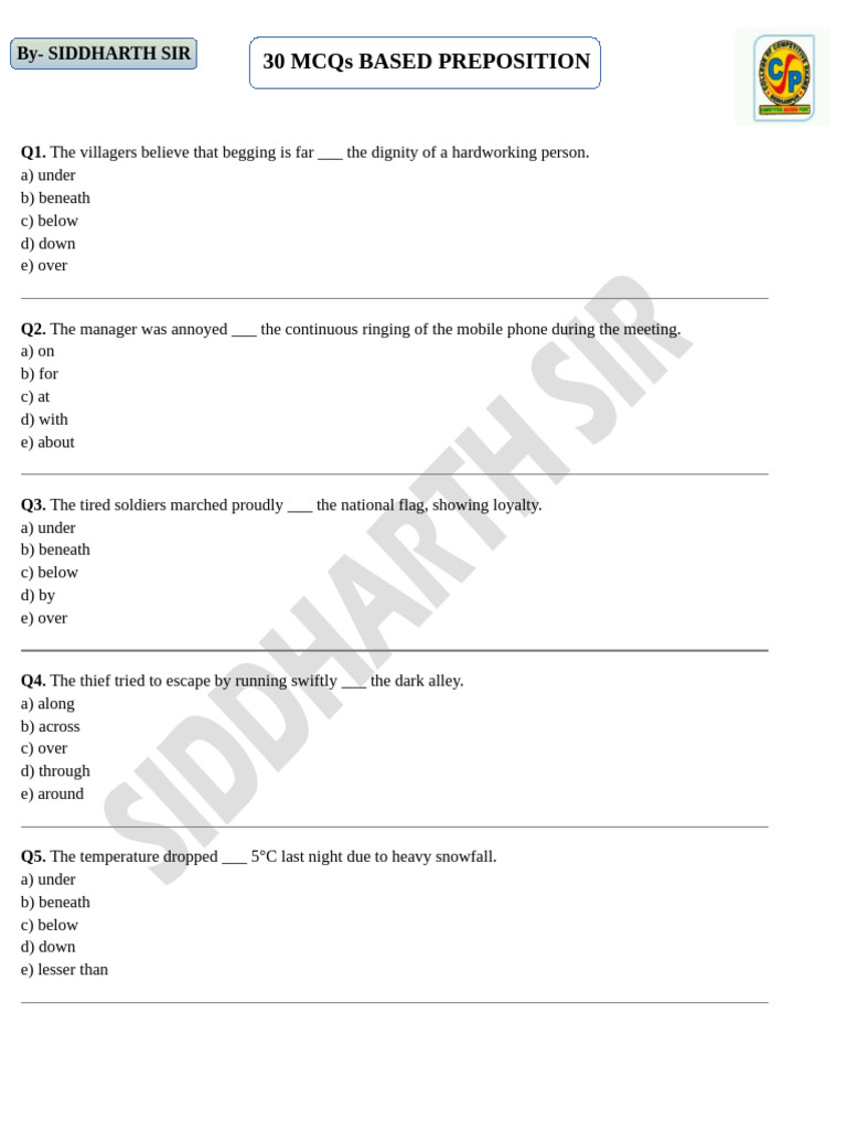 30 MCQ Preposition Practice | PDF