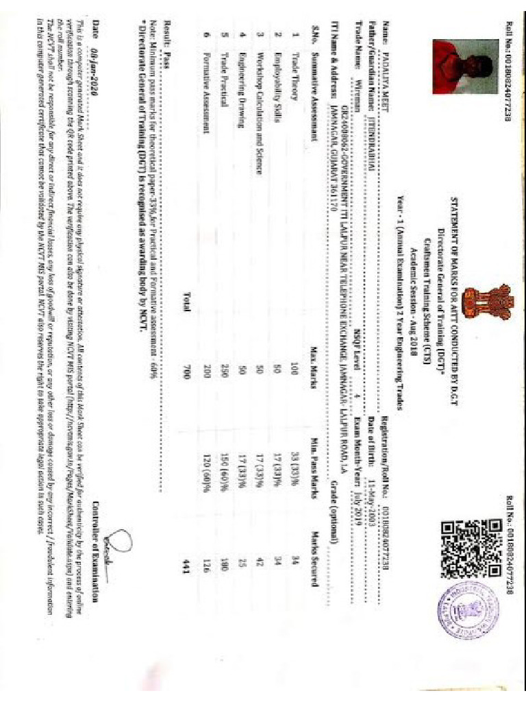 Iti 2nd Year Marks Sheet | PDF