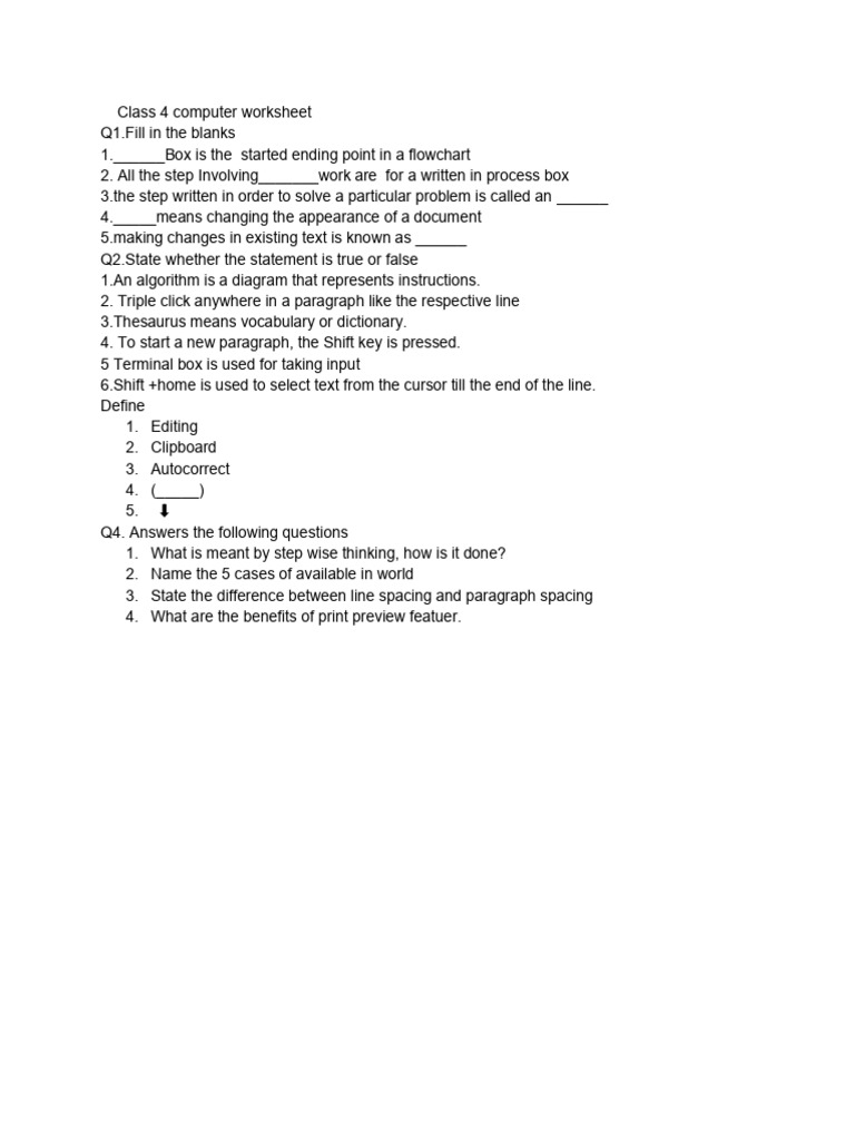 Class 4 Computer Worksheet | PDF