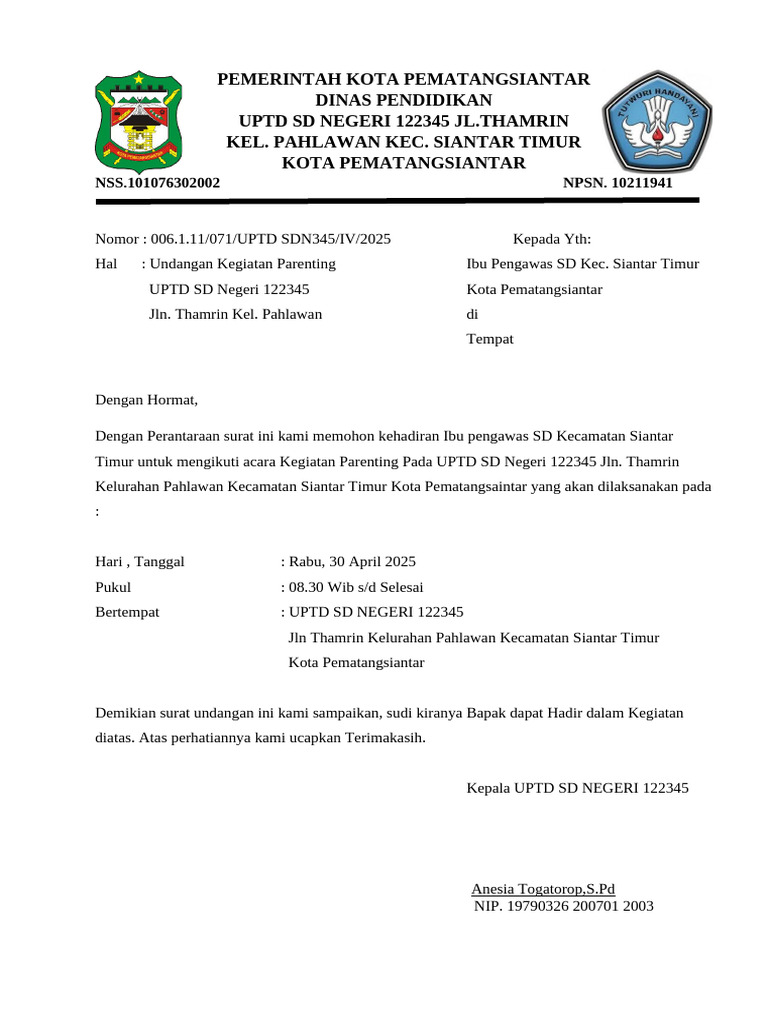 Undangan Kegiatan Parenting SD 122345 | PDF