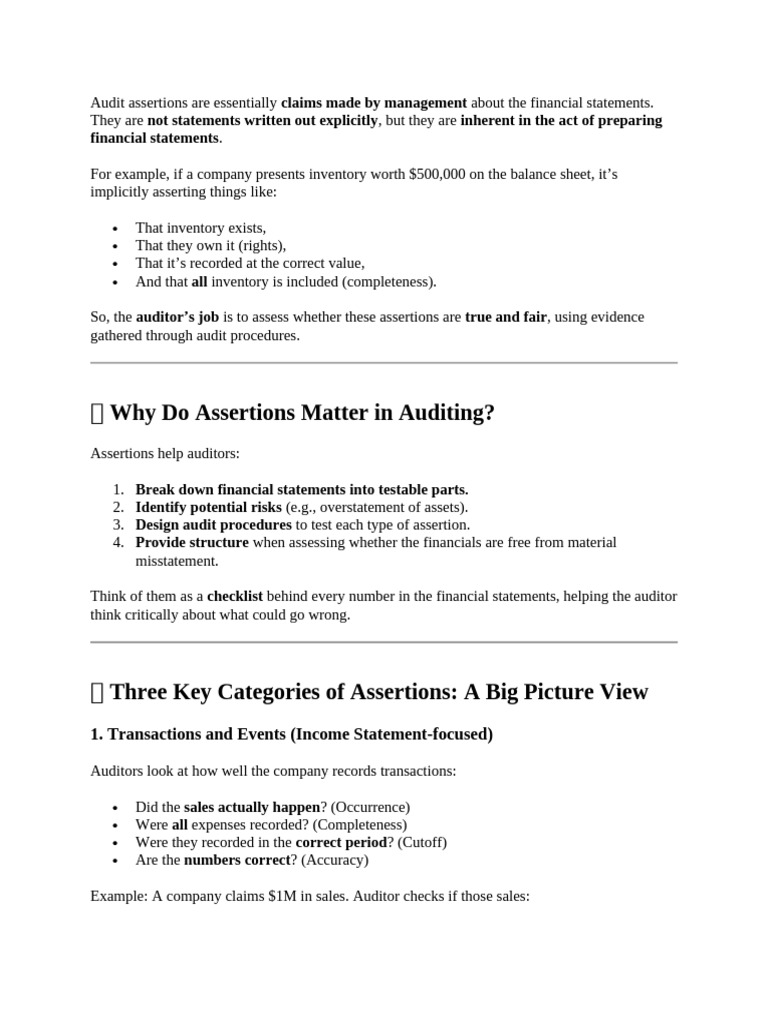 Audit Assertions Are Essentially Claims Made by Management About The Financial Statements | PDF ...
