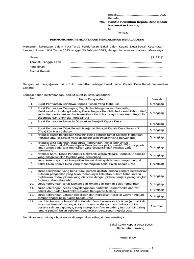 Pendaftaran Calon Kepala Desa Bedali | PDF