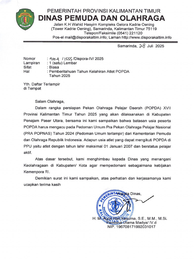 Pemberitahuan Tahun Kelahiran Atlet POPDA Tahun 2025 - 0001 | PDF