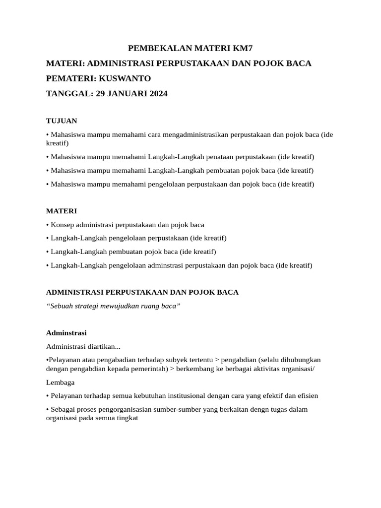 Administrasi Perpustakaan dan Pojok Baca | PDF