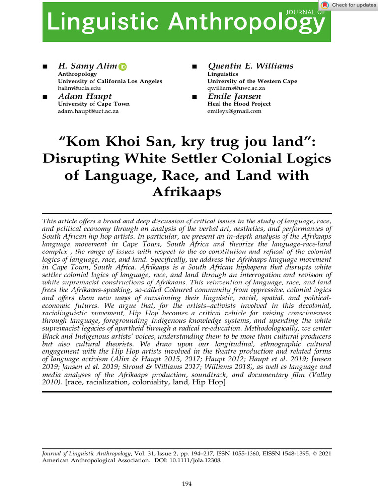 JLA Afrikaaps Article Alim Williams Haupt & Jansen 2021 | PDF | Race ...