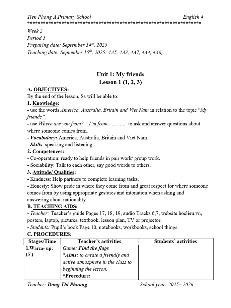 English Lesson Plan: My Friends Unit | PDF | Lesson Plan | Vocabulary