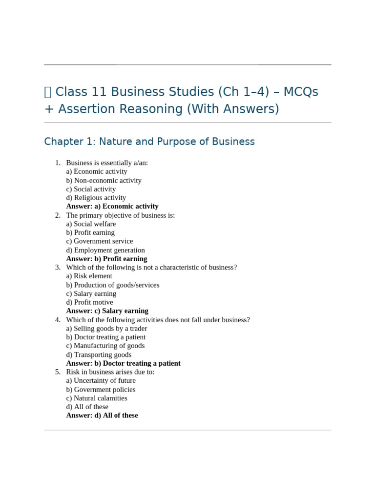 Class 11th BST Ch1-Ch4 Mcqs | PDF | Business | Business Law