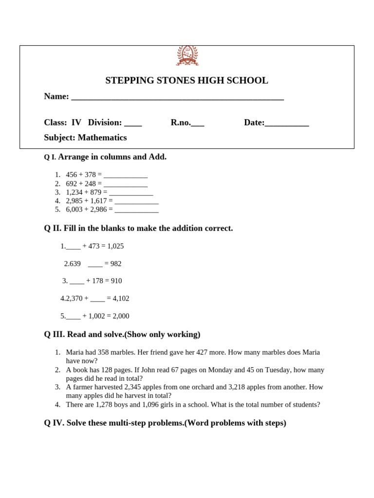 Math Addition Worksheet for Grade IV | PDF