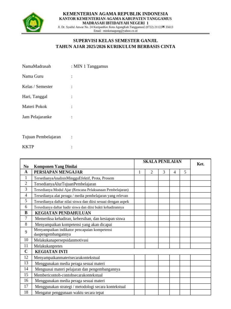 2025-2026 Instrumen Lembar Supervisi Kelas | PDF
