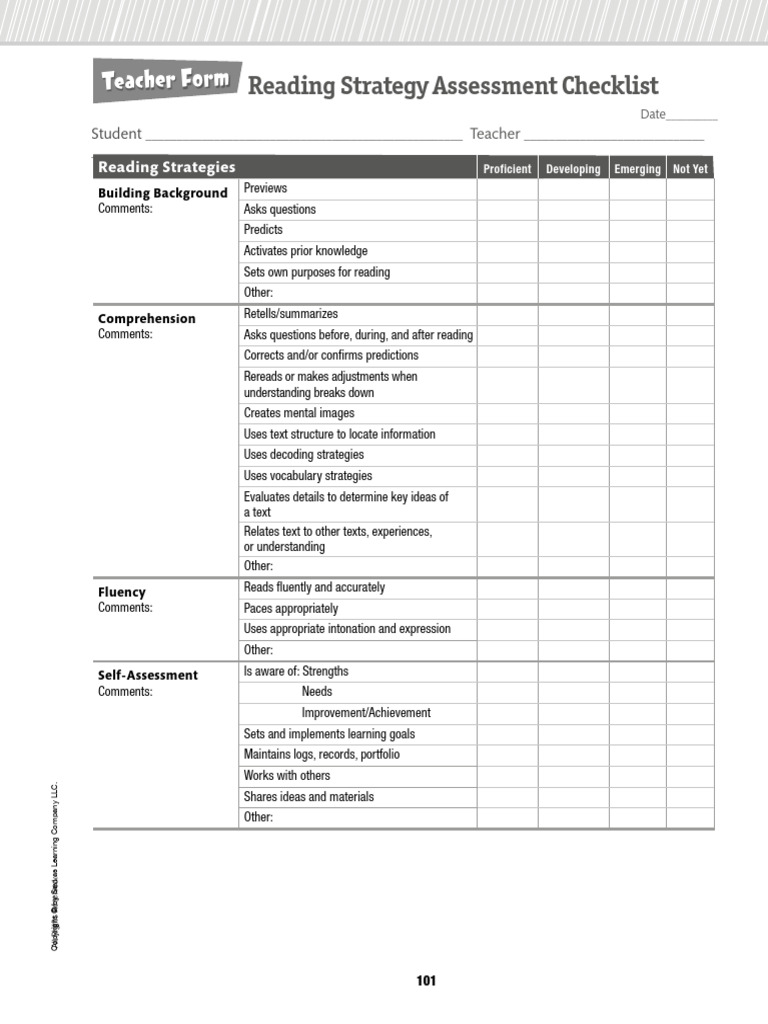 MV20 G3 Reading Strategy Assessment Checklist Web | PDF | Pedagogy ...