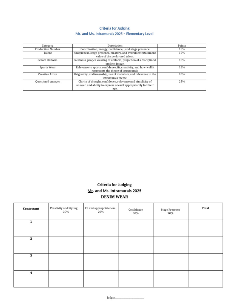 Judging Criteria for Mr. & Ms. Intramurals 2025 | PDF