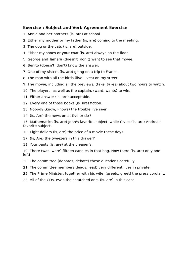 Subject-Verb Agreement Exercise | PDF