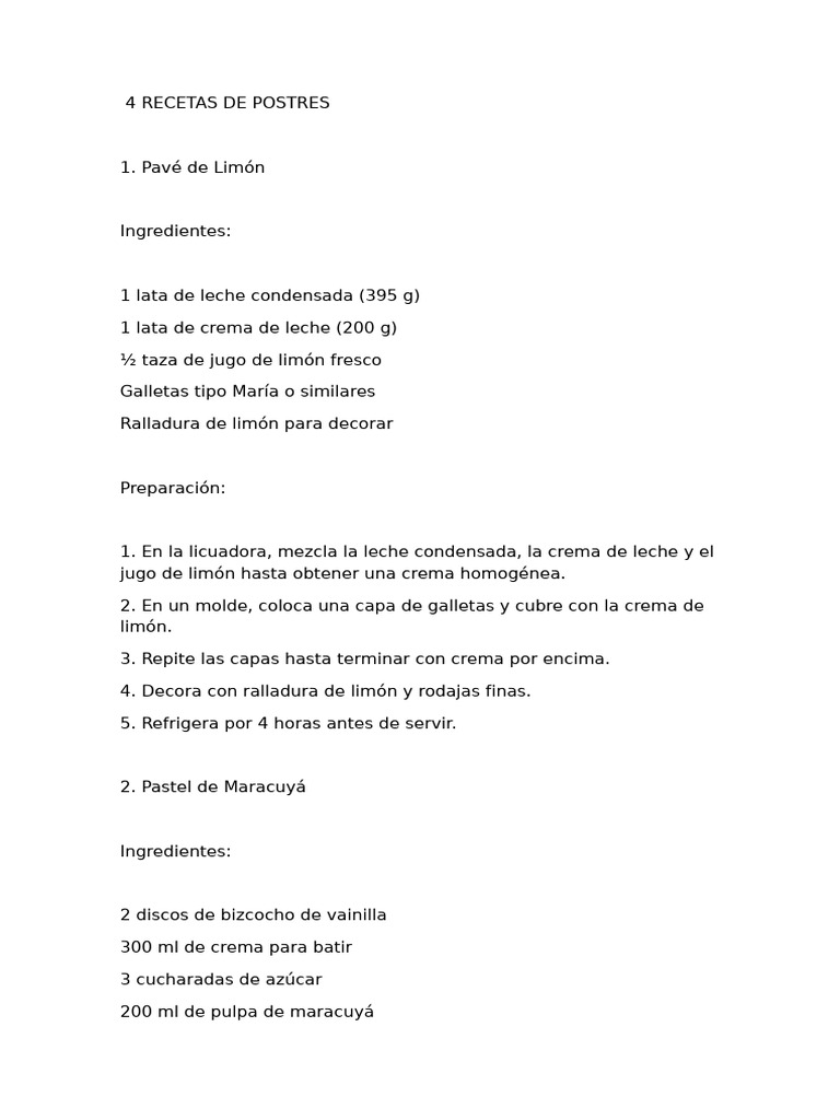 4 Recetas de Postres | PDF