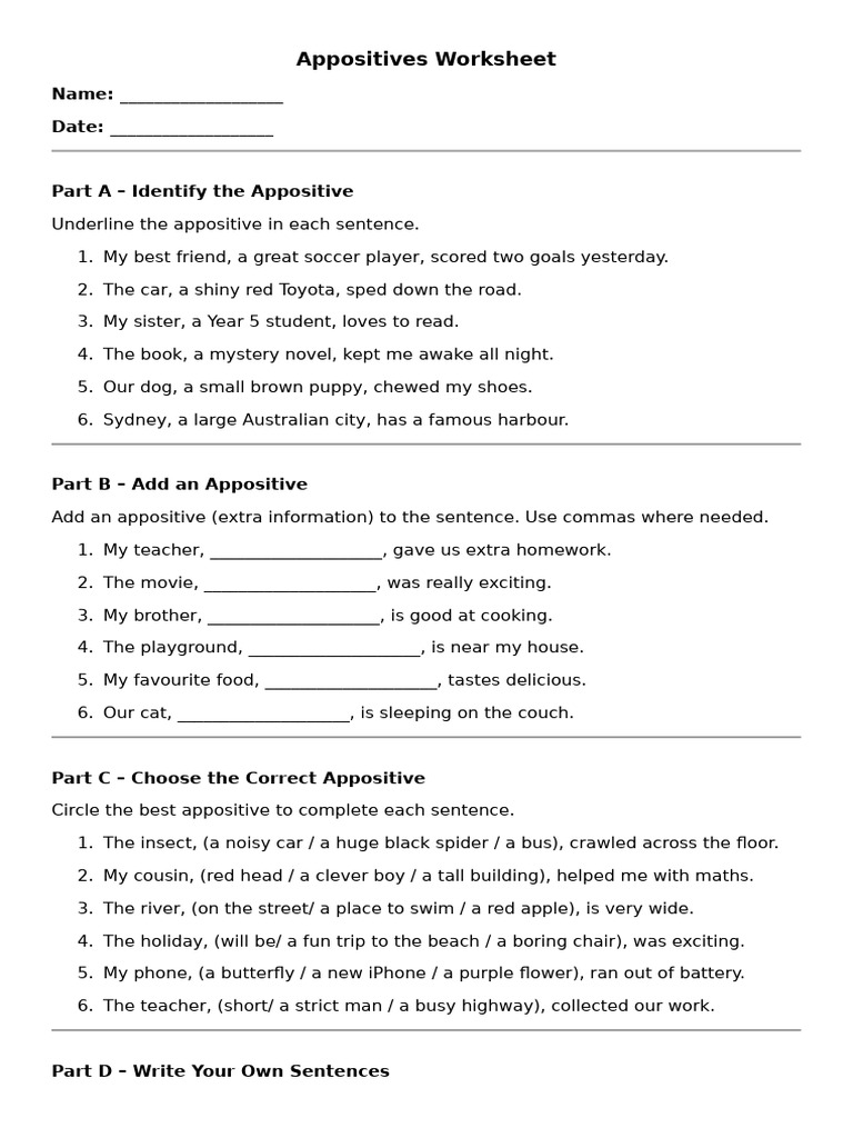 Appositives Practice Worksheet | PDF