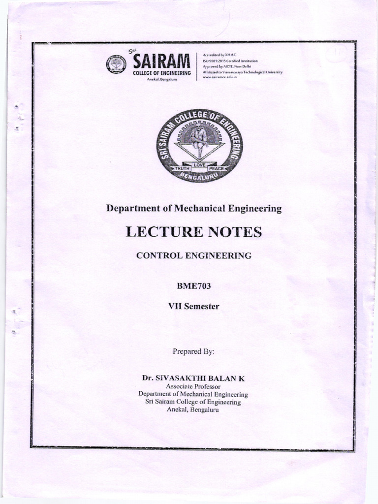 Control Engineering Lecture Notes BME703 | PDF