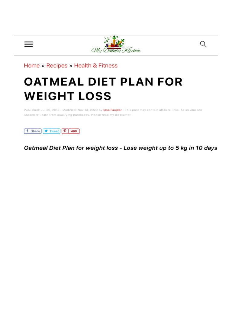 Oatmeal Diet Plan For Weight Loss - My Dainty Kitchen | PDF | Oatmeal ...