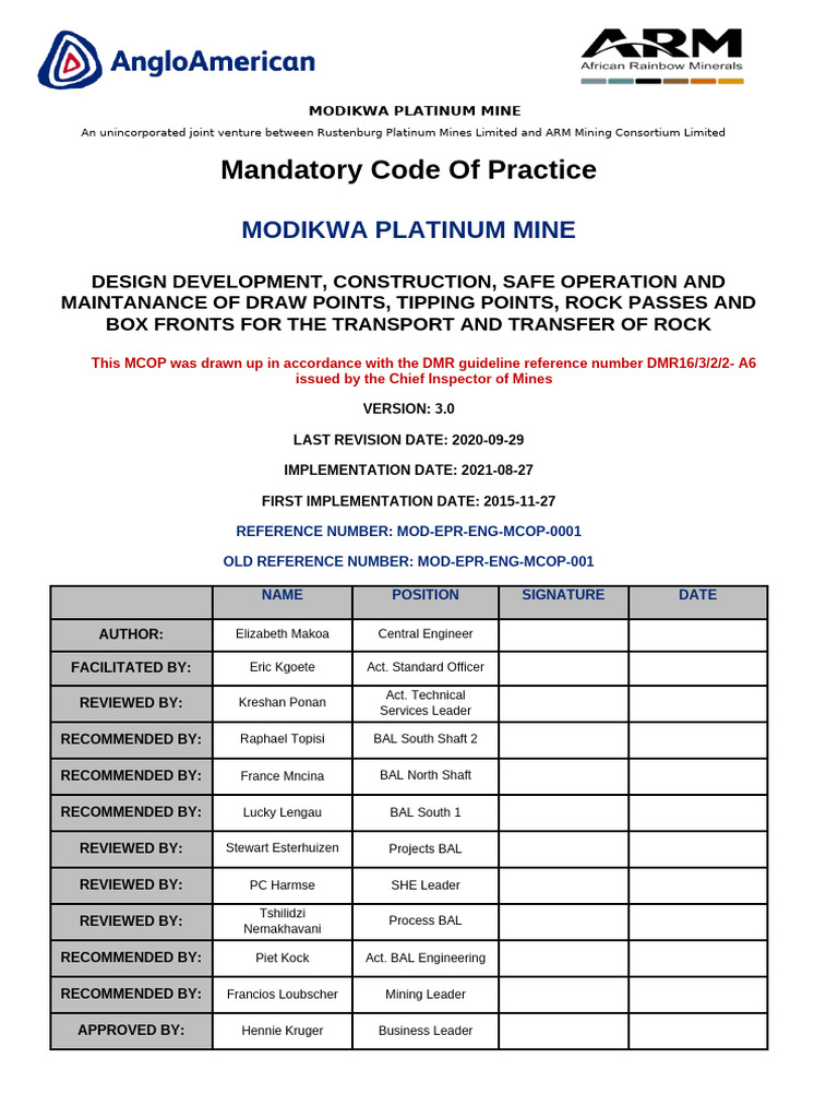 Modikwa Platinum Mine MCOP Overview | PDF | Mining | Occupational ...