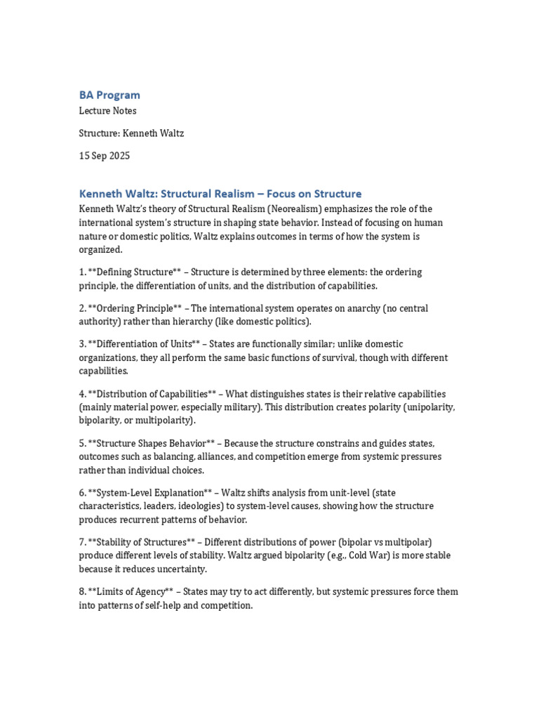 Kenneth Waltz's Structural Realism Explained | PDF