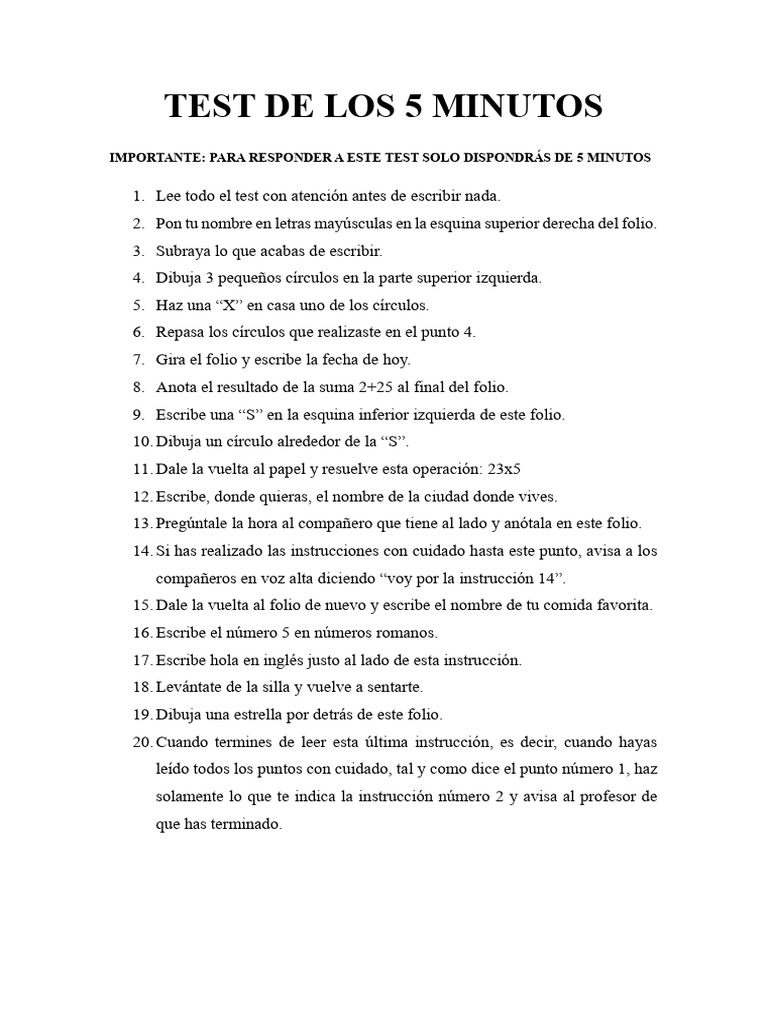 Instrucciones para el Test de 5 Minutos | PDF