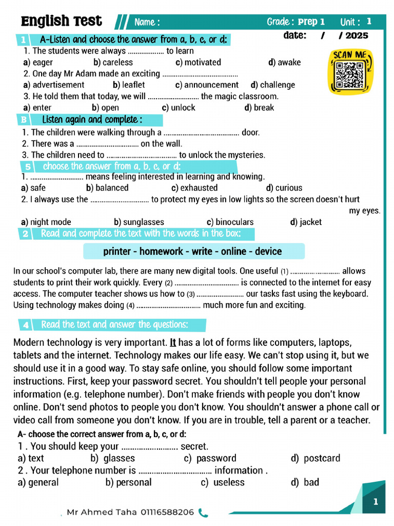 Prep 1 Unit 1 Test | PDF