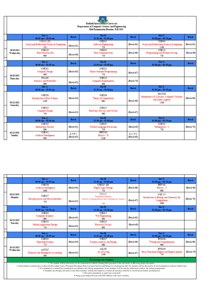 CSE Mid Exam Routine Fall 2025 | PDF | Computing | Algebra