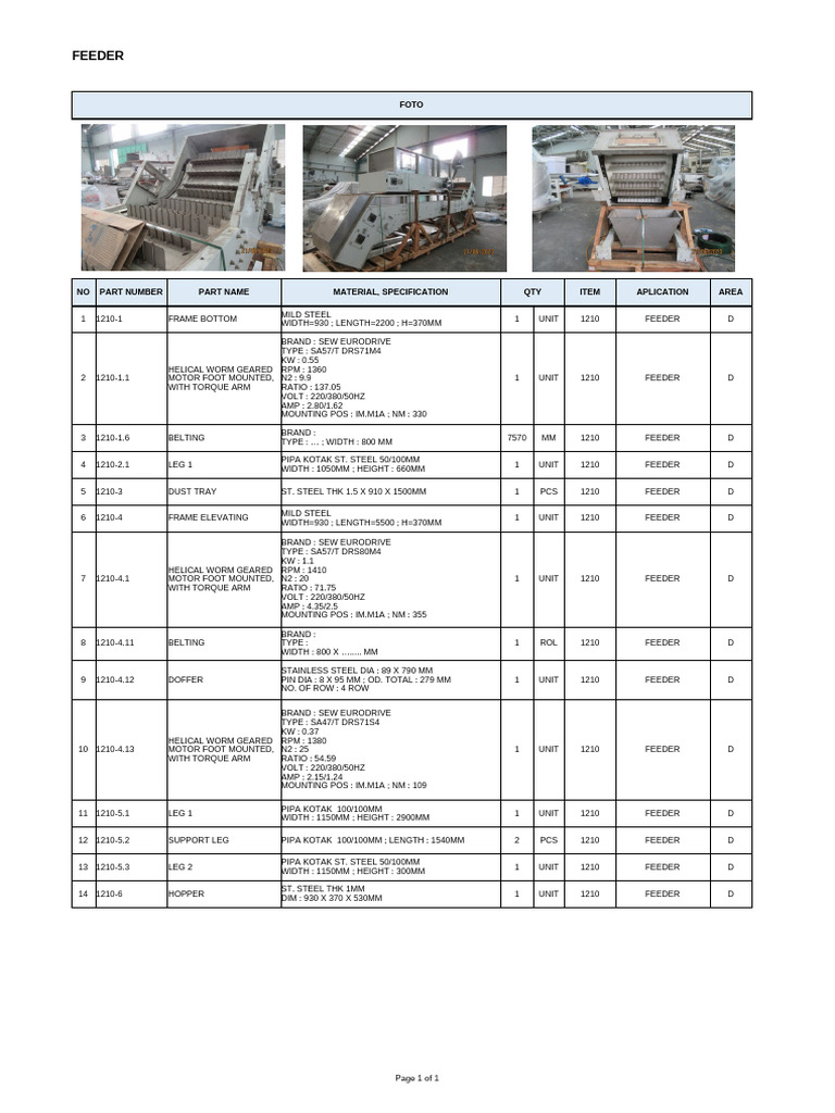 Feeder Parts List and Specifications | PDF