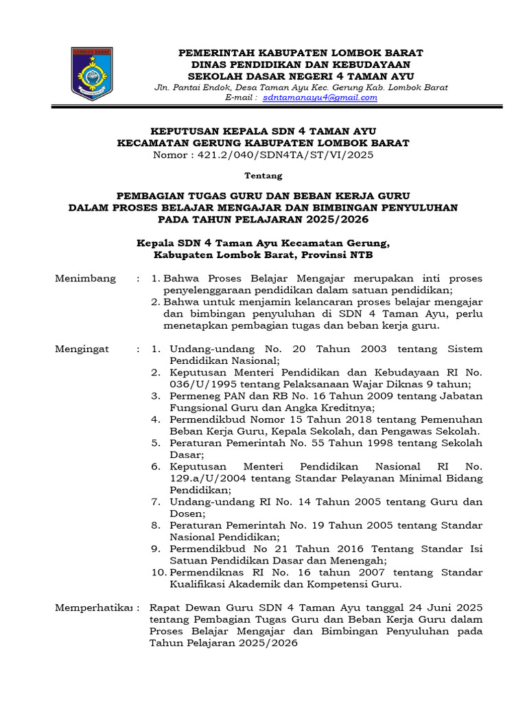 SK Pembagian Tugas 2025-2026 | PDF