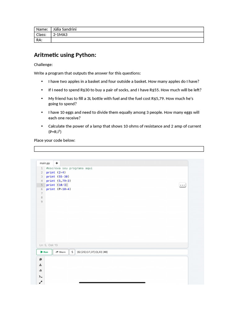 Cópia de Python - A2 - Aritmetic | PDF