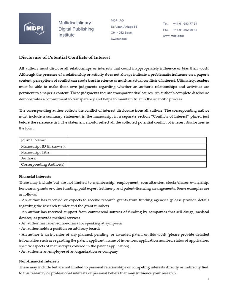 MDPI Conflict of Interest Disclosure Form | PDF | Conflict Of Interest